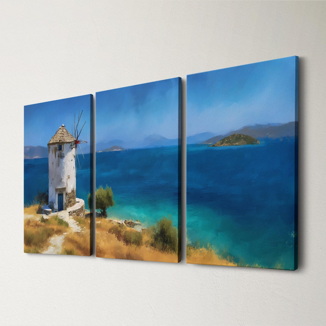 Greek Island Windmill 3 Panel Split Canvas Wall Art Serene Bay View Oil ...