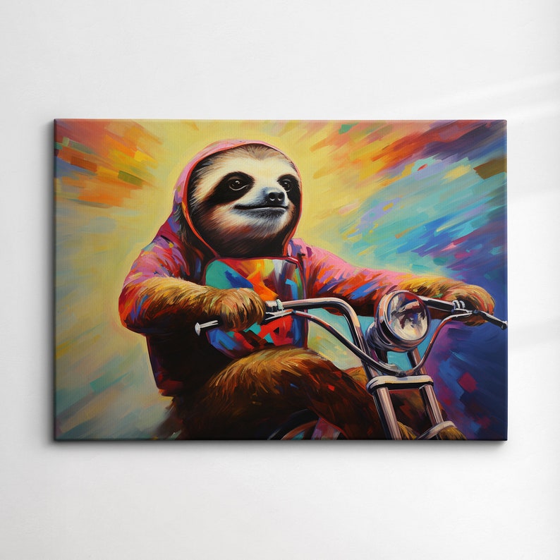 Sloth Riding a Bike Abstract Modern Painting Wall Art, Framed Canvas ...
