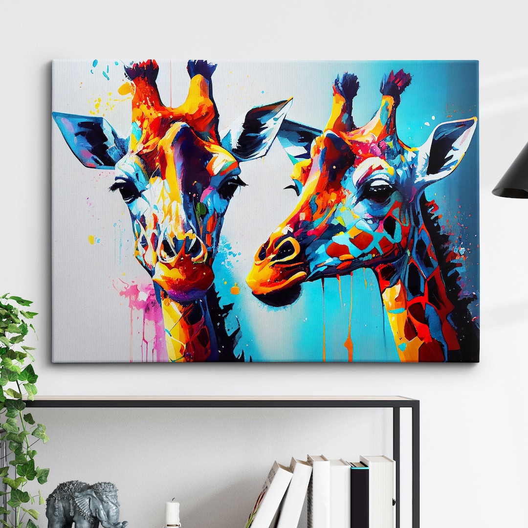 Colorful Giraffes Pair Abstract Oil Painting Splatter Style Wall Art ...