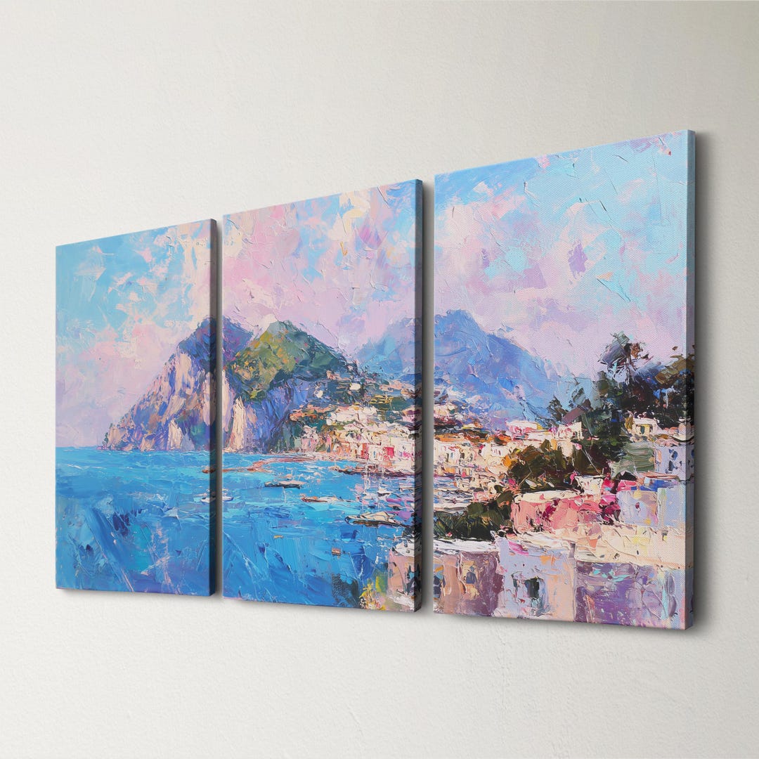 Capri Italy Pink Coastal 3 Panel Split Canvas Wall Art Italian ...