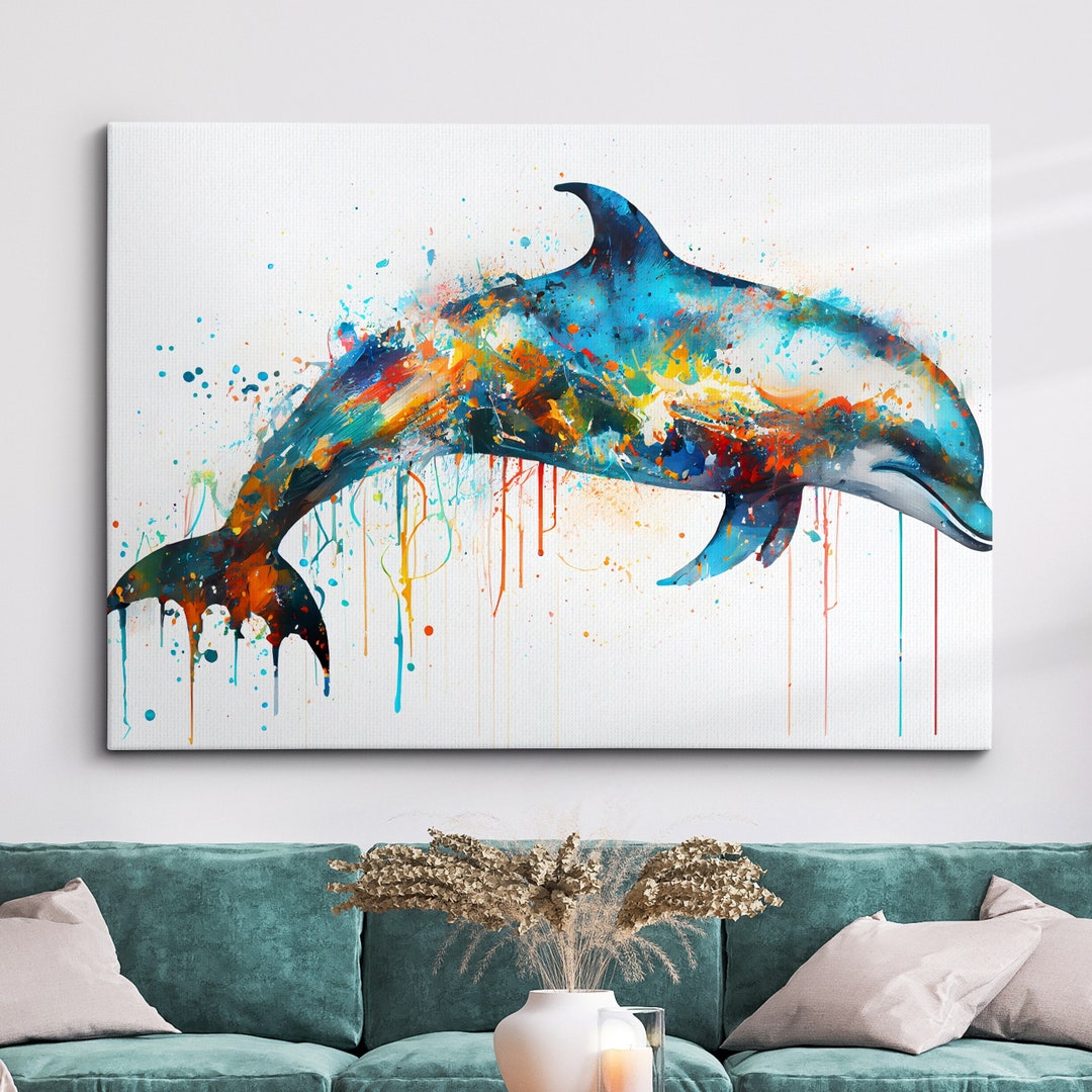 Dolphin Animal Sea Ocean Life Abstract Modern Painting Wall Art, Framed ...