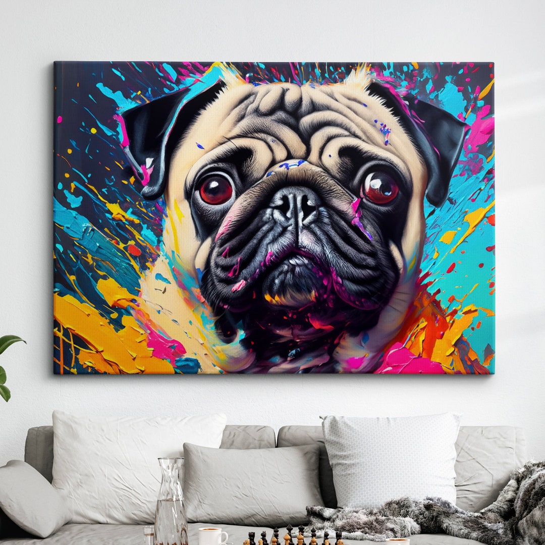 Pug Puppy Dog Animal Abstract Oil Painting Splatter Dripping Style Wall ...