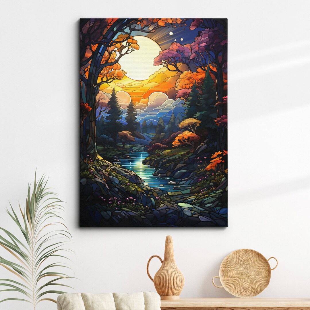 Stained Glass Sunset Forest Wilderness Window Painting Style Wall Art ...
