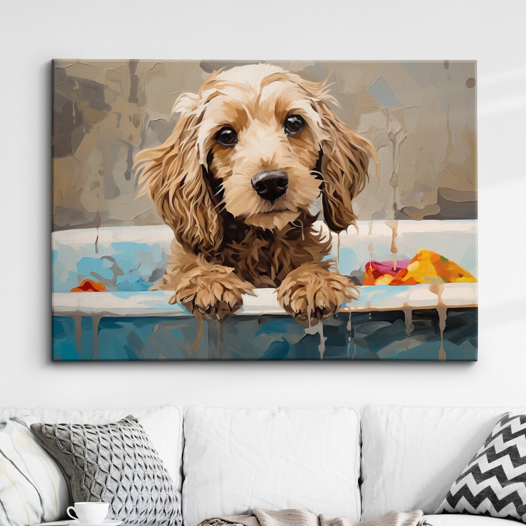 Colorful Cockapoo Dog Pet Abstract Modern Oil Painting Wall Art, Framed ...