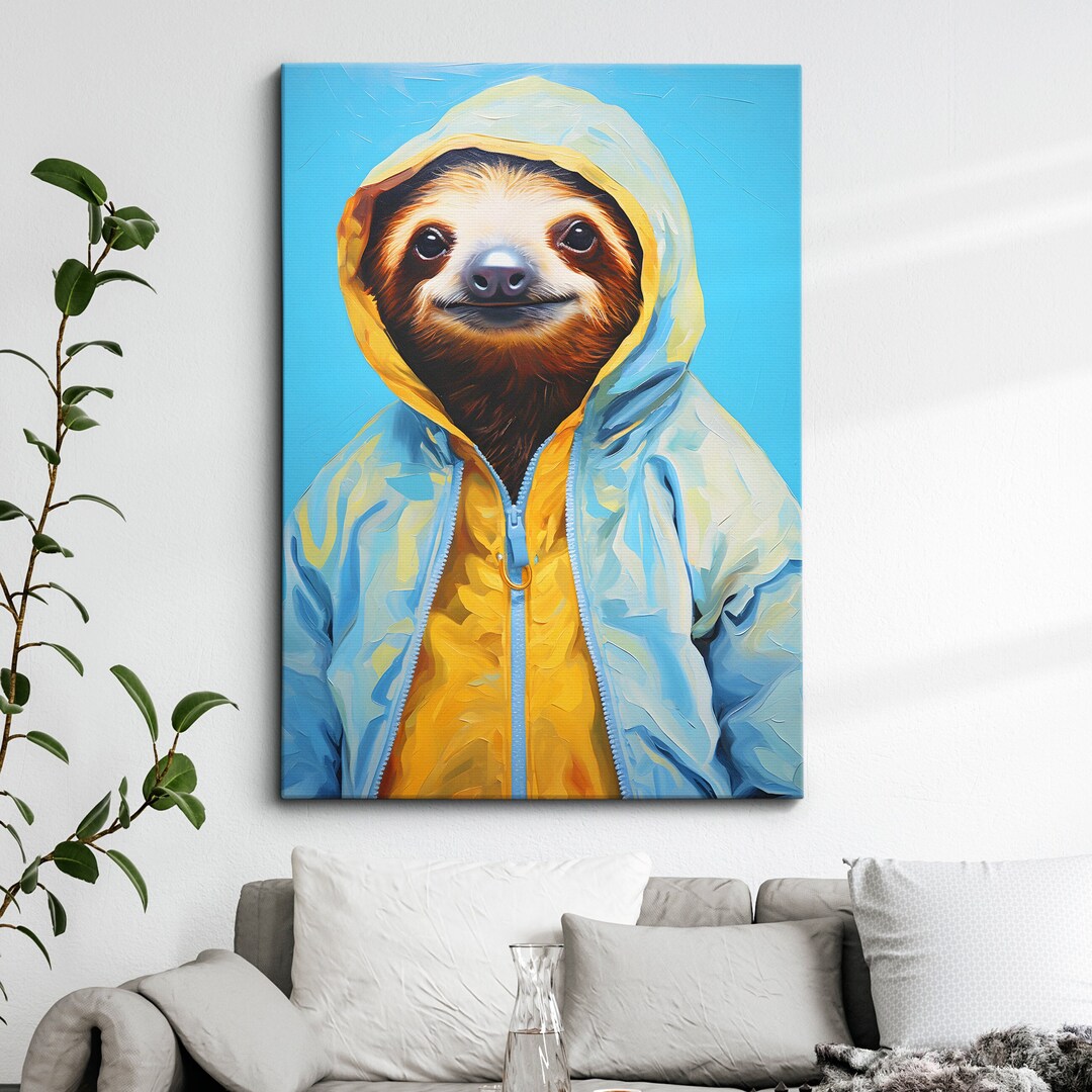 Sloth With Coat Hood Animal Abstract Oil Painting Splatter Style Wall ...