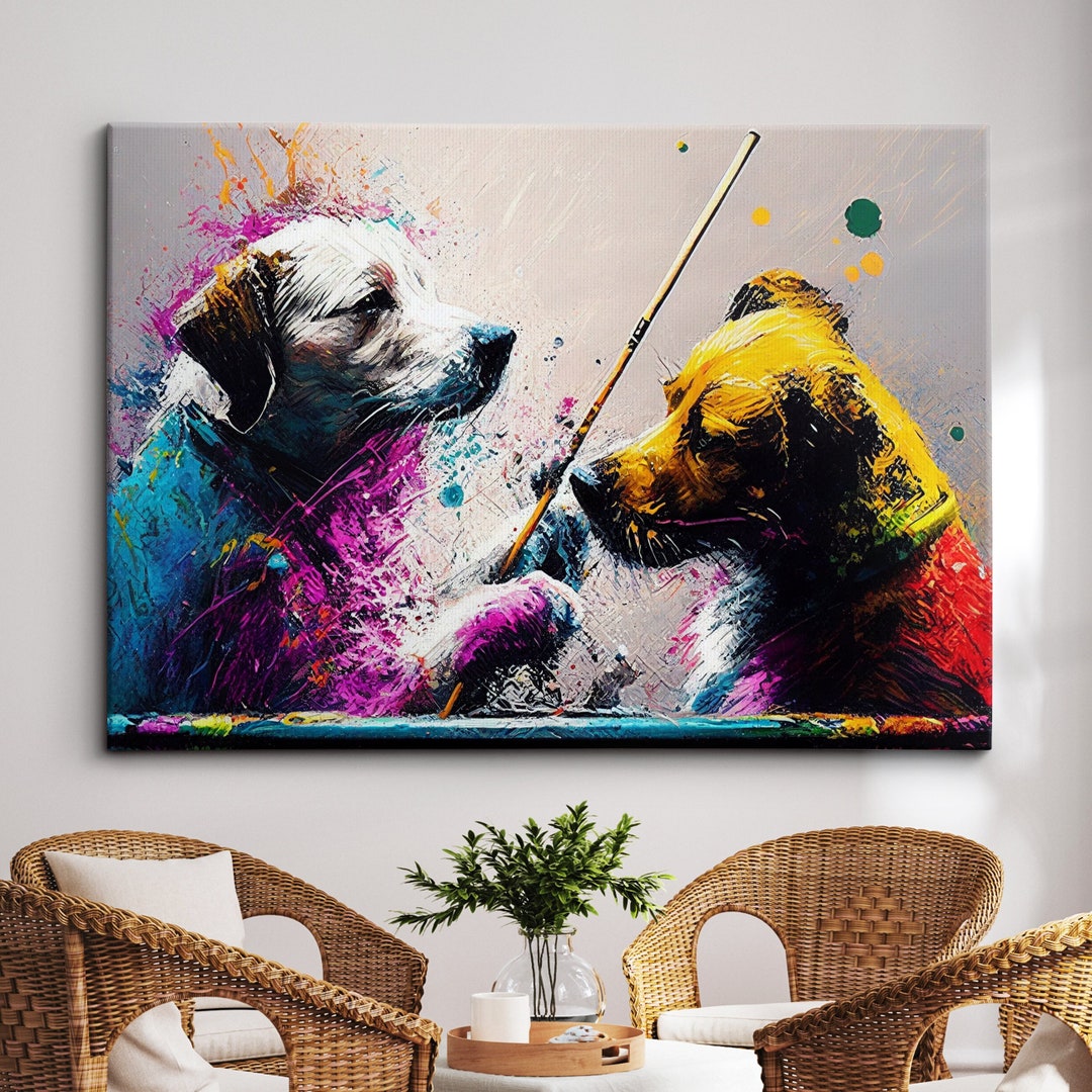 Colorful Dogs Playing Snooker Pet Abstract Modern Oil Painting Wall Art ...