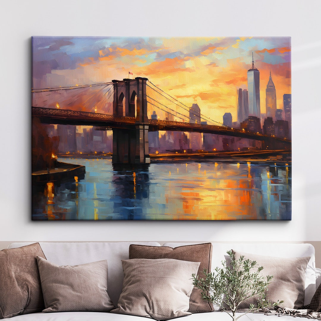 New York City Brooklyn Bridge Sunset Landmark Oil Painting Style Wall ...