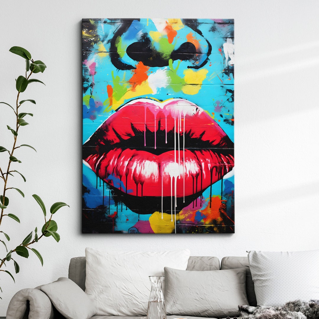Fun Graffiti Lips Face Teeth Smile Abstract Oil Painting Wall Art ...