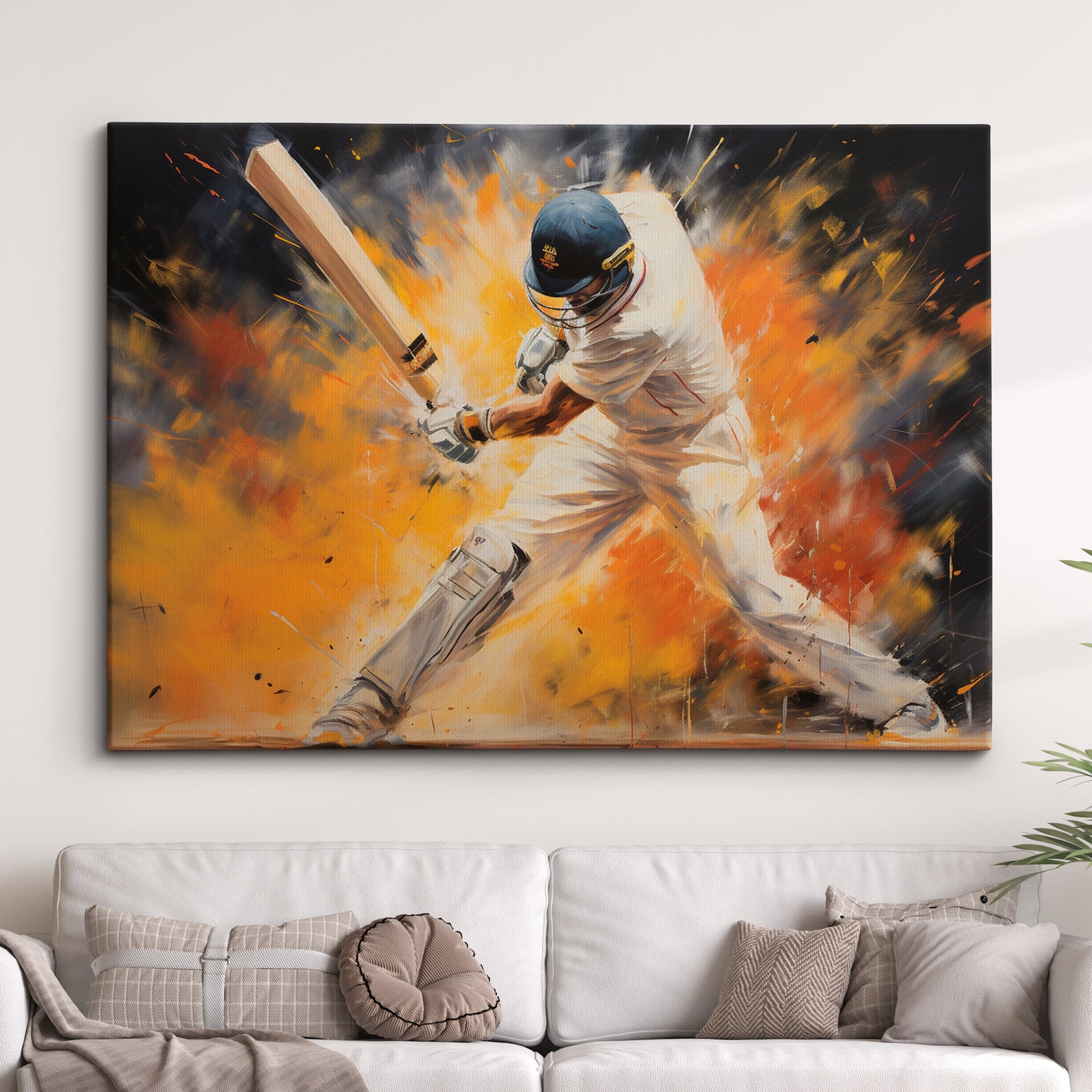Cricket Player Abstract Oil Painting Sports Wall Art, Framed Canvas ...