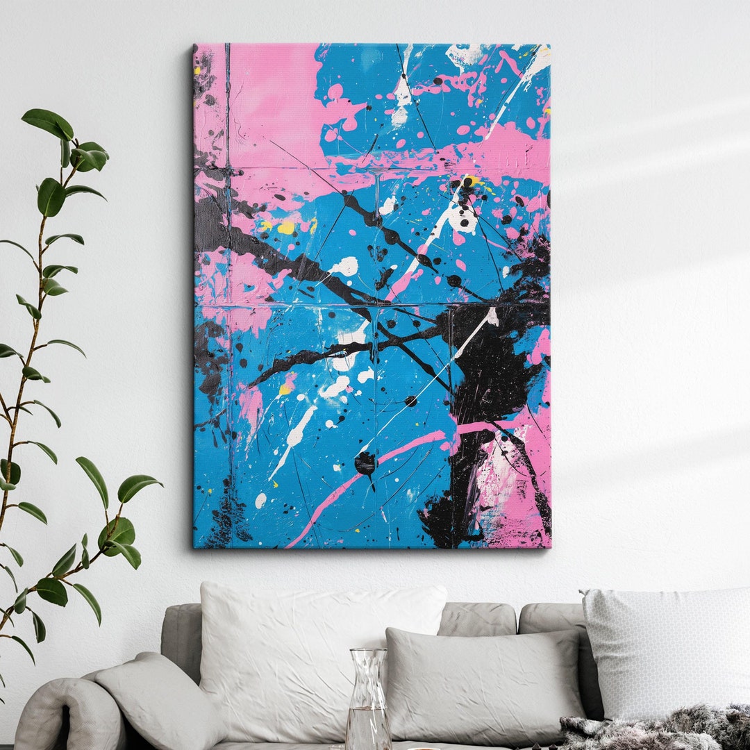 Modern Abstract Blue & Pink Free Form Exhibition Oil Painting Wall Art ...