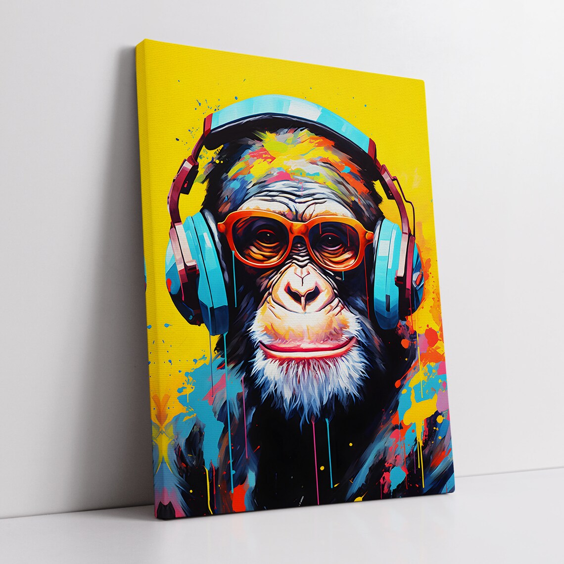 Chimp With Headphones Animal Abstract Oil Painting Splatter Style Wall ...