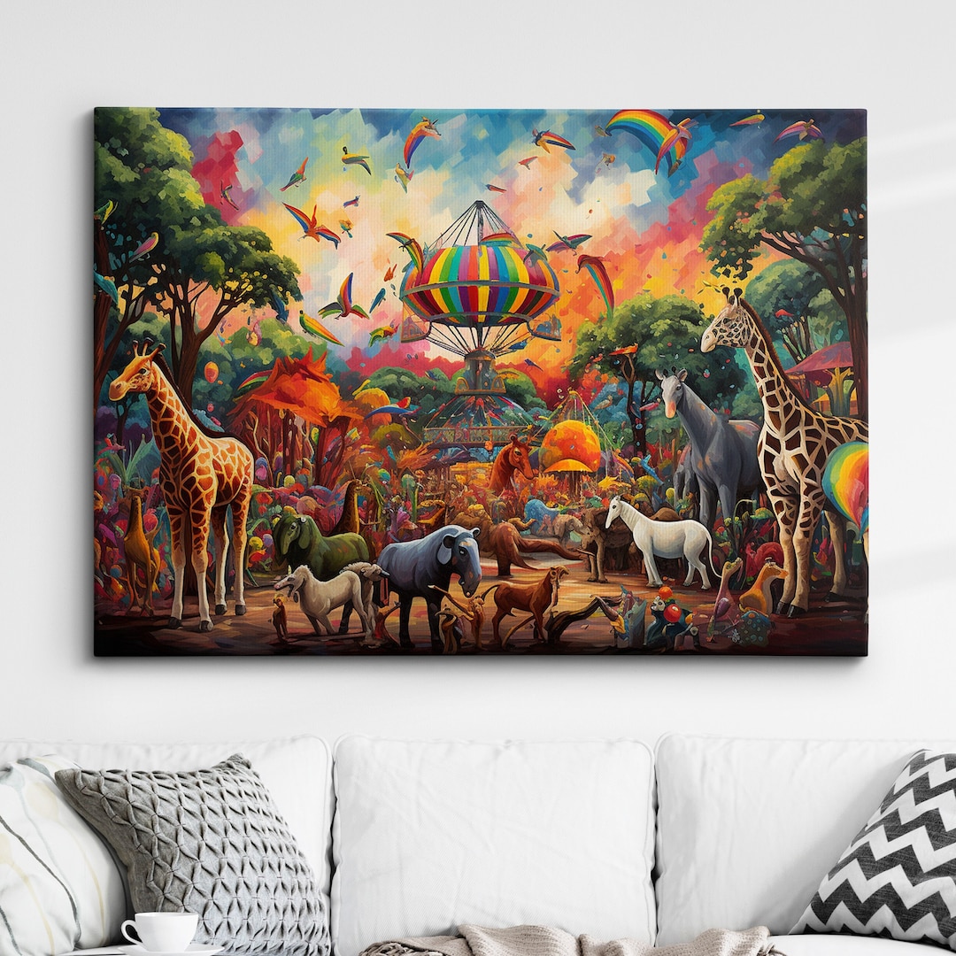 Zoo Animals Abstract Modern Painting Wall Art, Framed Canvas Poster ...