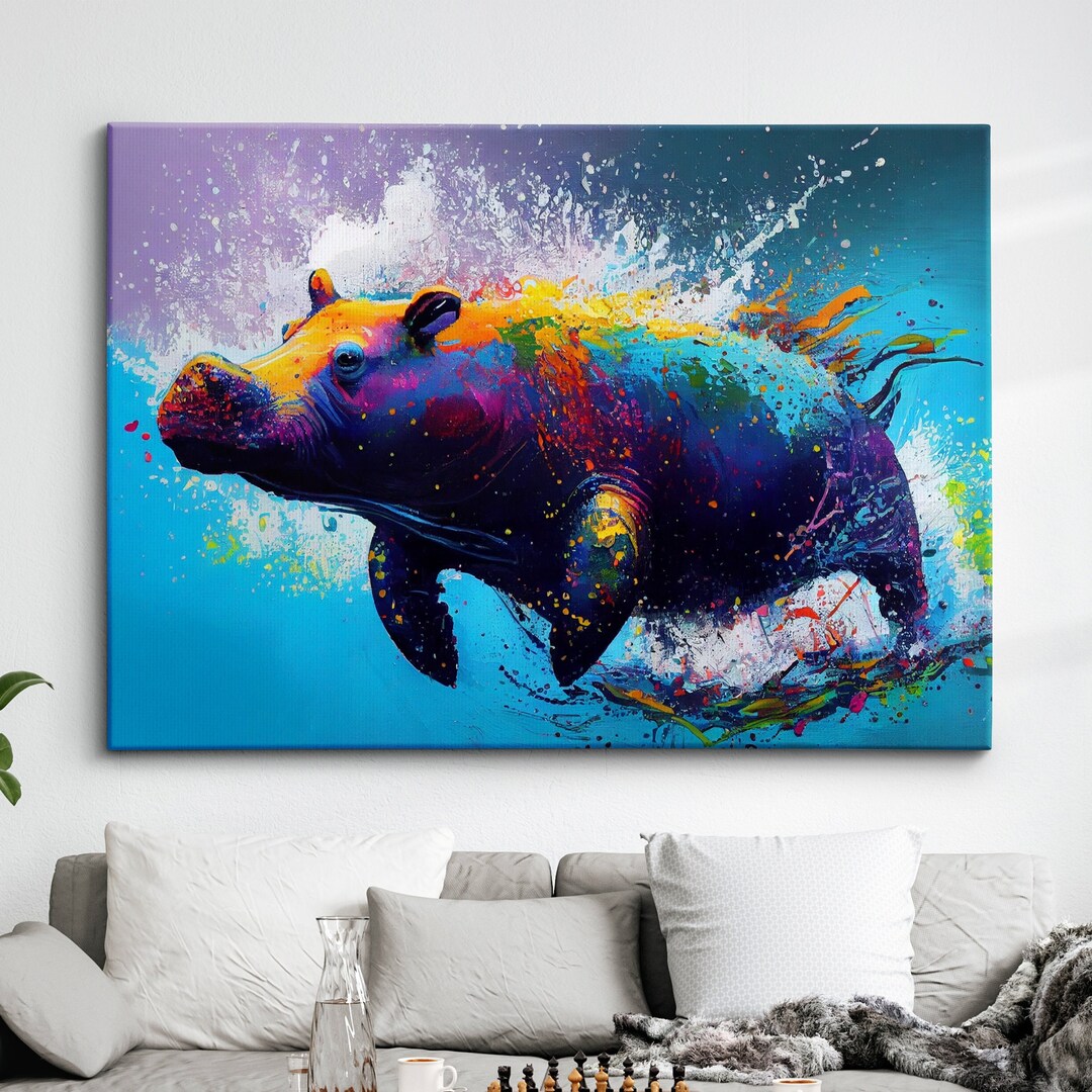 Colorful Swimming Hippo Abstract Oil Painting Splatter Style Wall Art ...