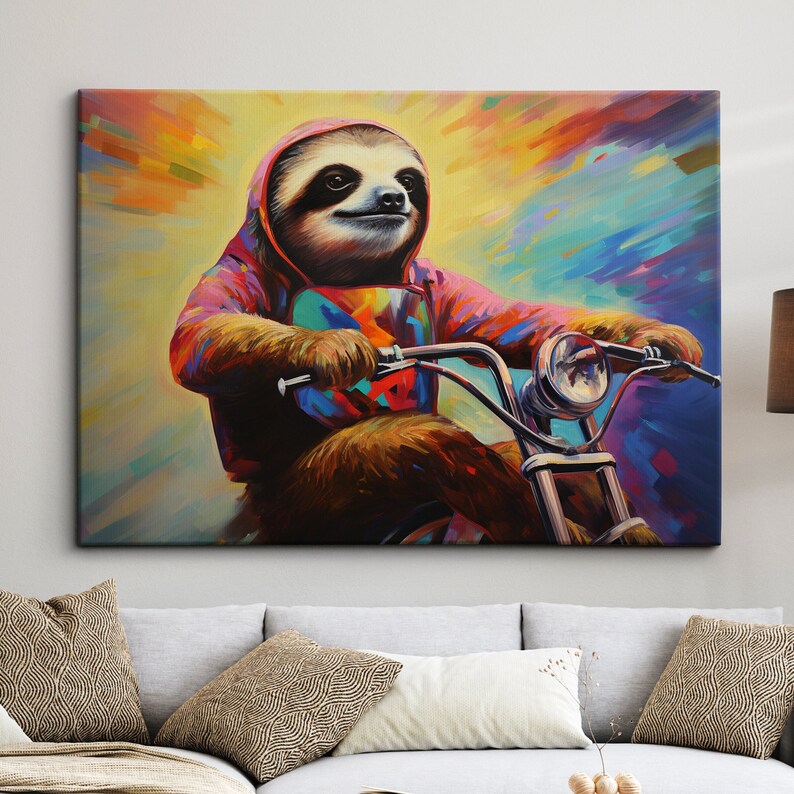 Sloth Riding a Bike Abstract Modern Painting Wall Art, Framed Canvas ...