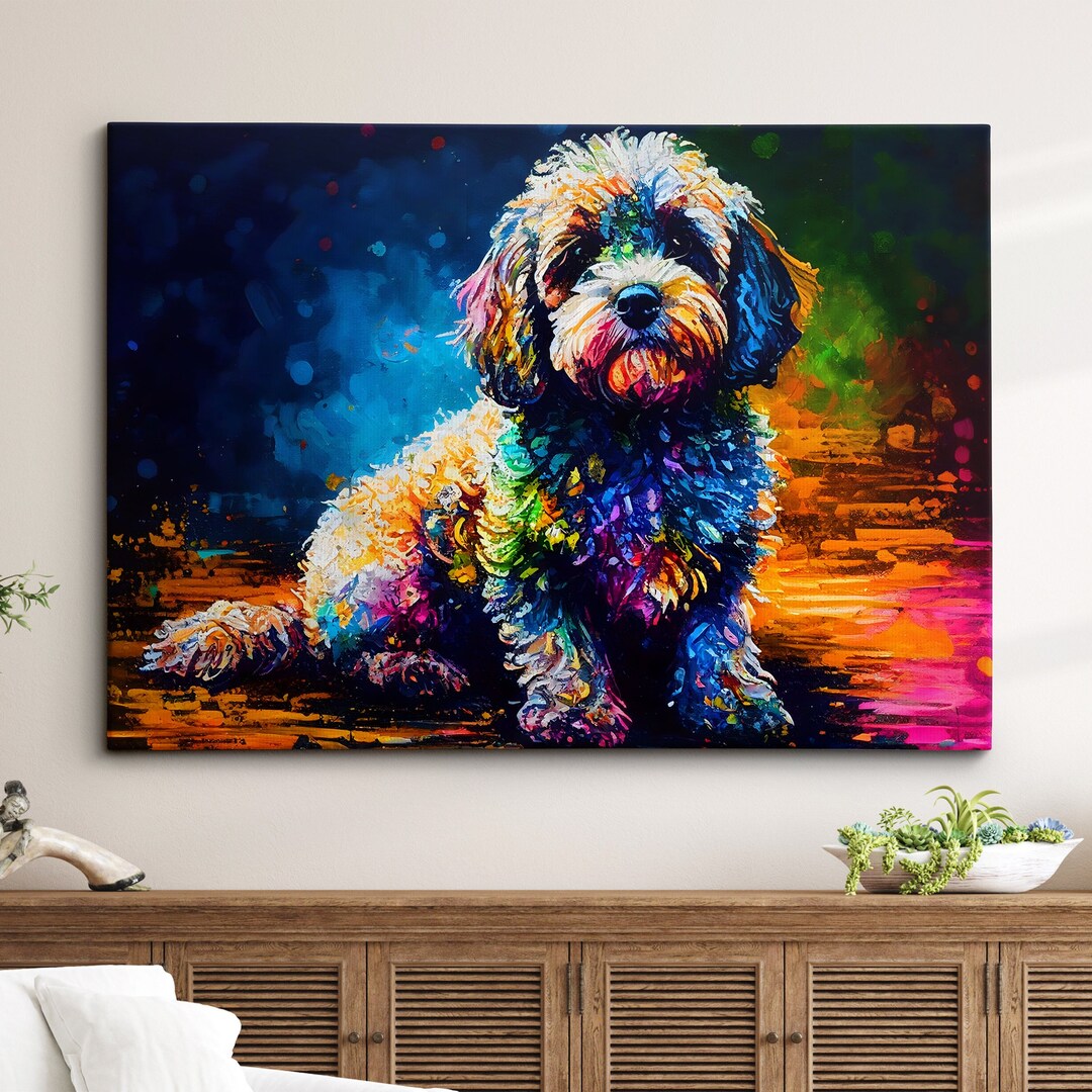 Colorful Cockapoo Dog Pet Abstract Modern Oil Painting Wall Art, Framed ...