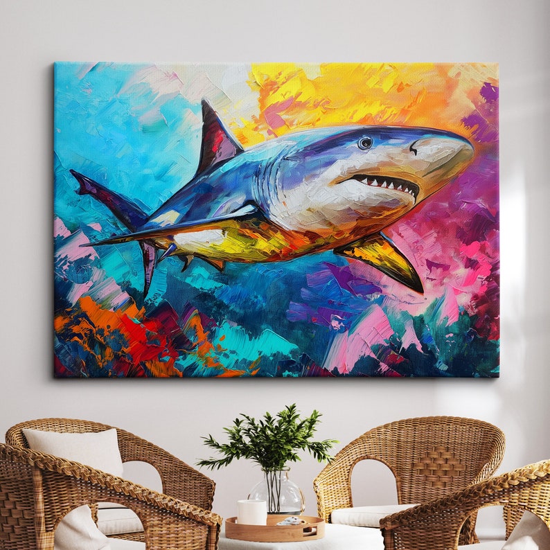 Shark Sea Animal Abstract Oil Painting Colourful Paint Splatter Style ...