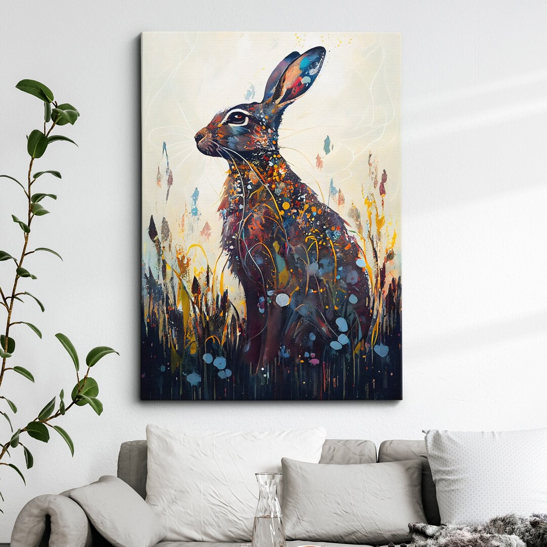 Bunny Rabbit Abstract Hare Animal Oil Painting Rainbow Pet Splatter ...