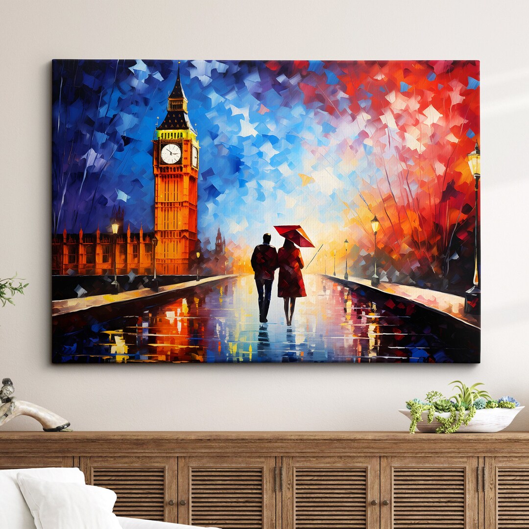 London Big Ben Couple Walking Starry Night Abstract Oil Painting Wall ...