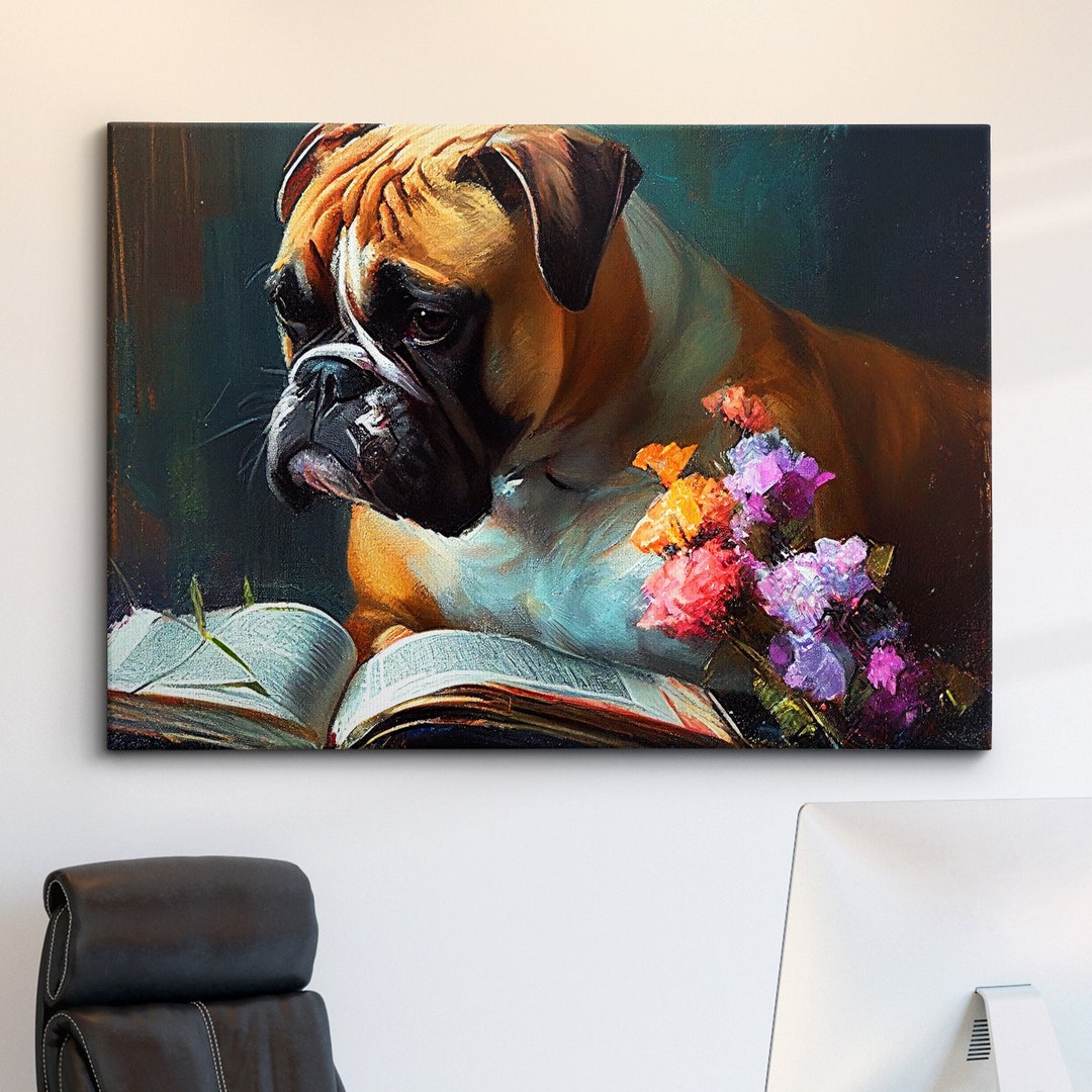 Boxer Reading With Flowers Dog Pet Abstract Modern Oil Painting Wall ...