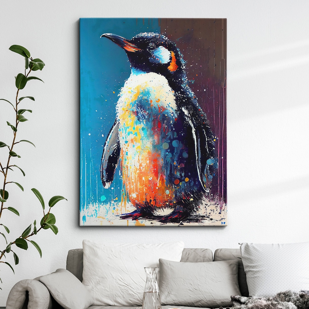 Beautiful Penguin Abstract Bird Animal Sea Oil Painting Splatter Style ...