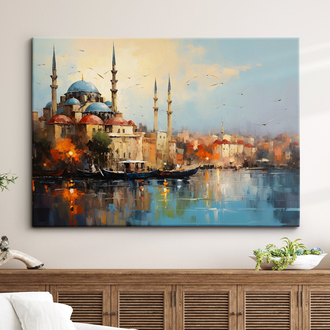 Istanbul River Mosque Turkey City Landmark Oil Painting Style Wall Art ...