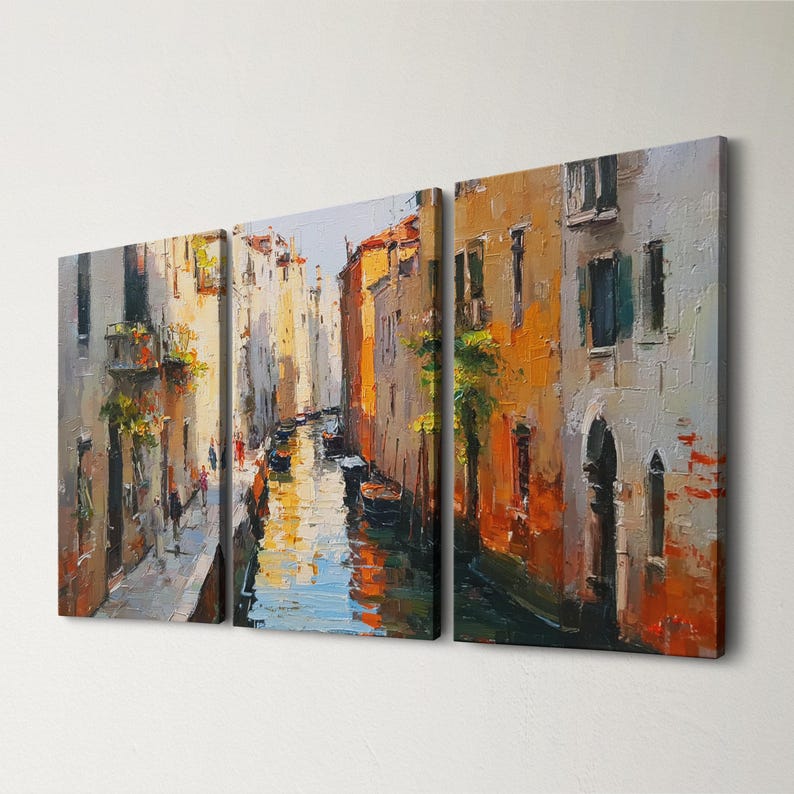 Venice Canals 3 Panel Split Canvas Wall Art, Gondolas at Sunset, Ornate ...
