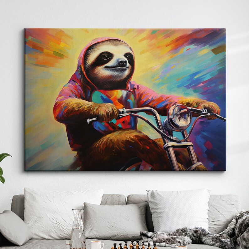 Sloth Riding a Bike Abstract Modern Painting Wall Art, Framed Canvas ...