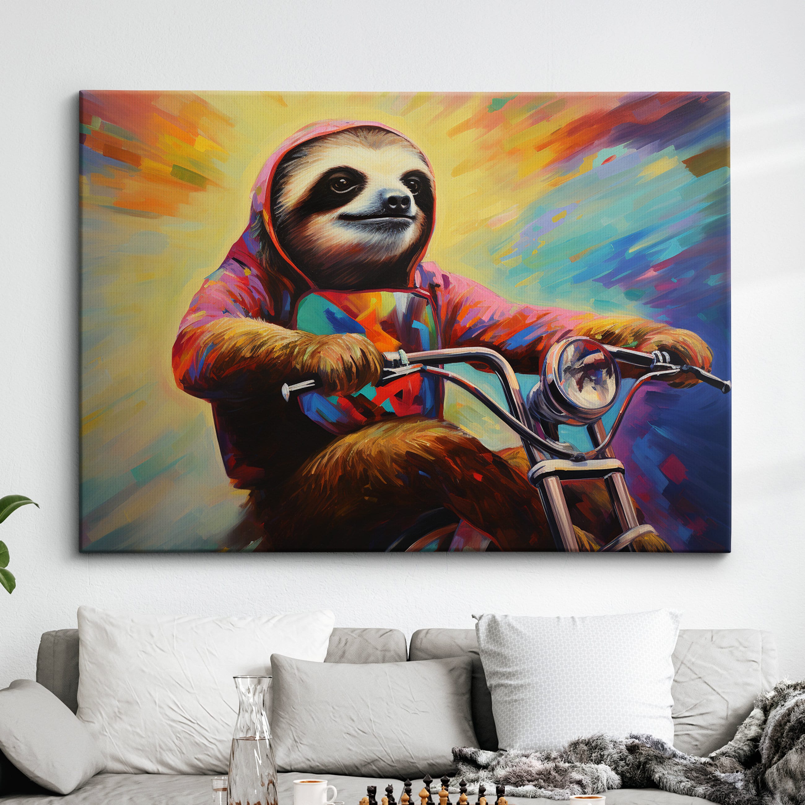 Sloth Riding a Bike Abstract Modern Painting Wall Art, Framed Canvas ...