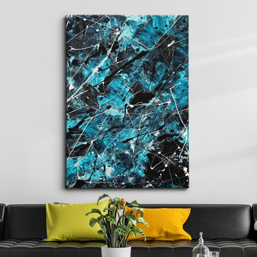Modern Abstract Blue & Black Free Form Exhibition Oil Painting Wall Art ...