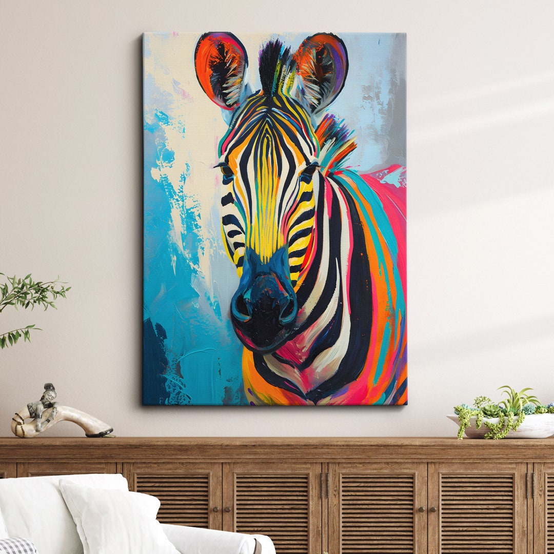 Colorful Zebra Fun Animal Lover Abstract Oil Painting Wall Art Framed ...
