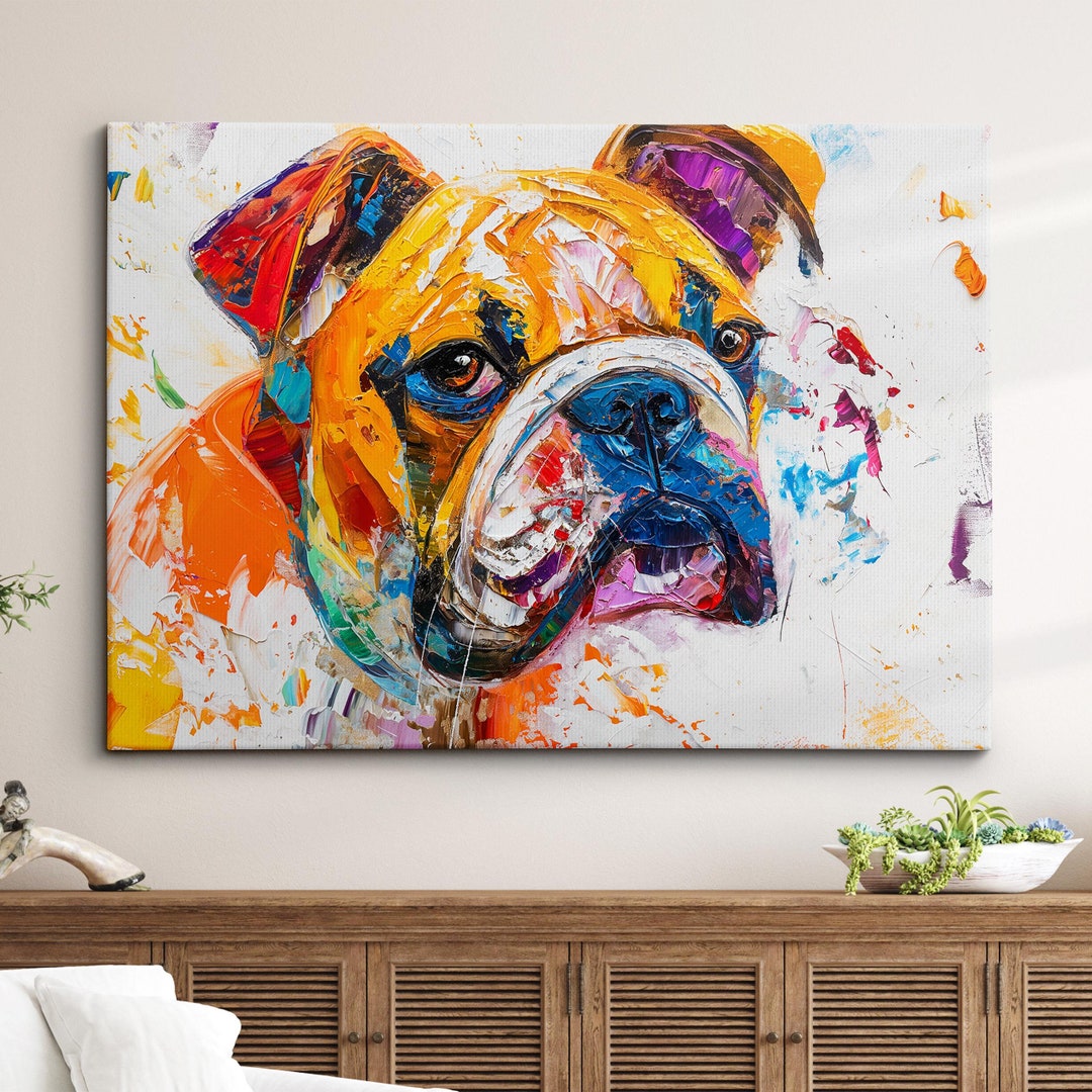 Colorful Bulldog Dog Pet Abstract Modern Oil Painting Wall Art, Framed ...