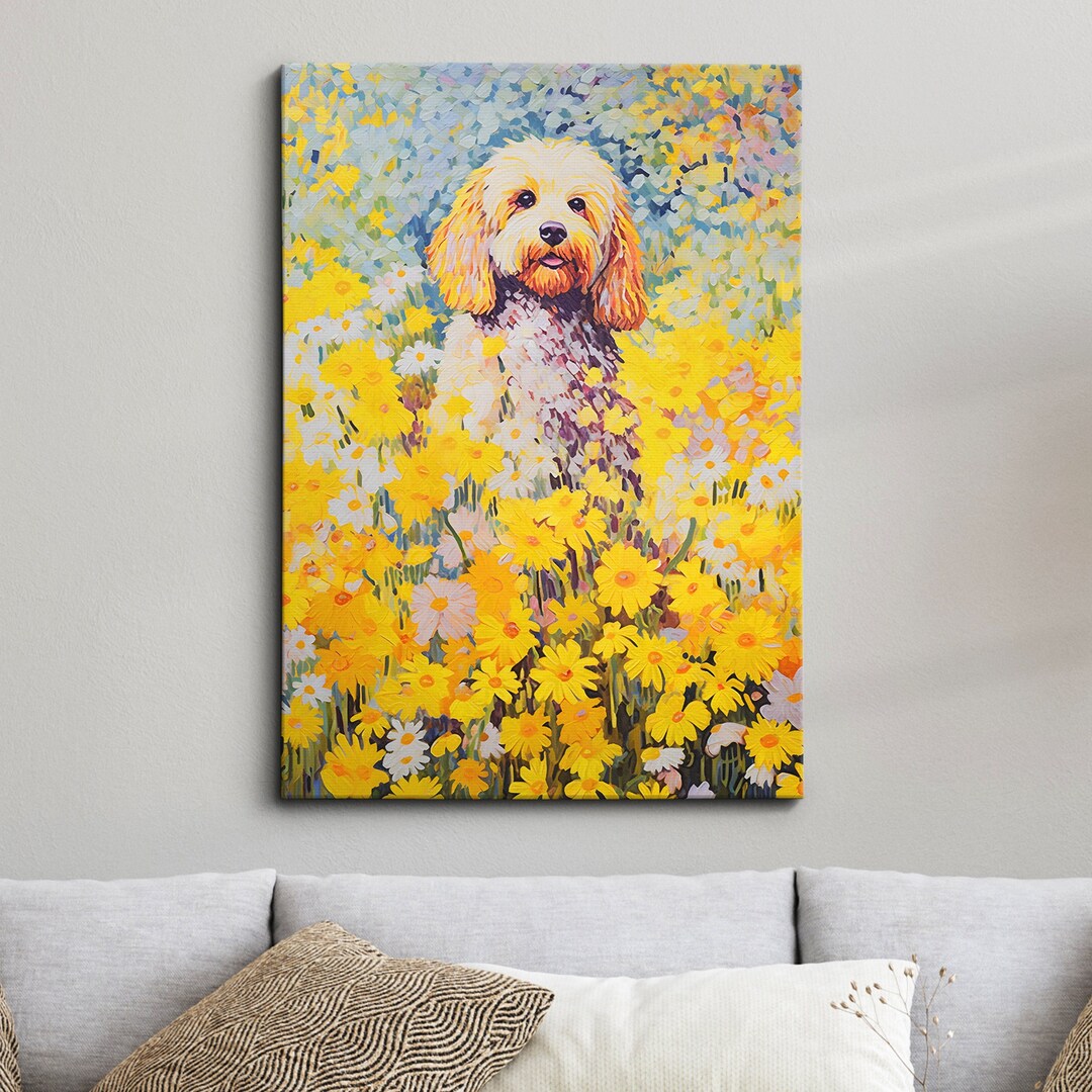 Cockapoo in Flower Field Animal Dog Pet Lover Oil Painting Wall Art ...