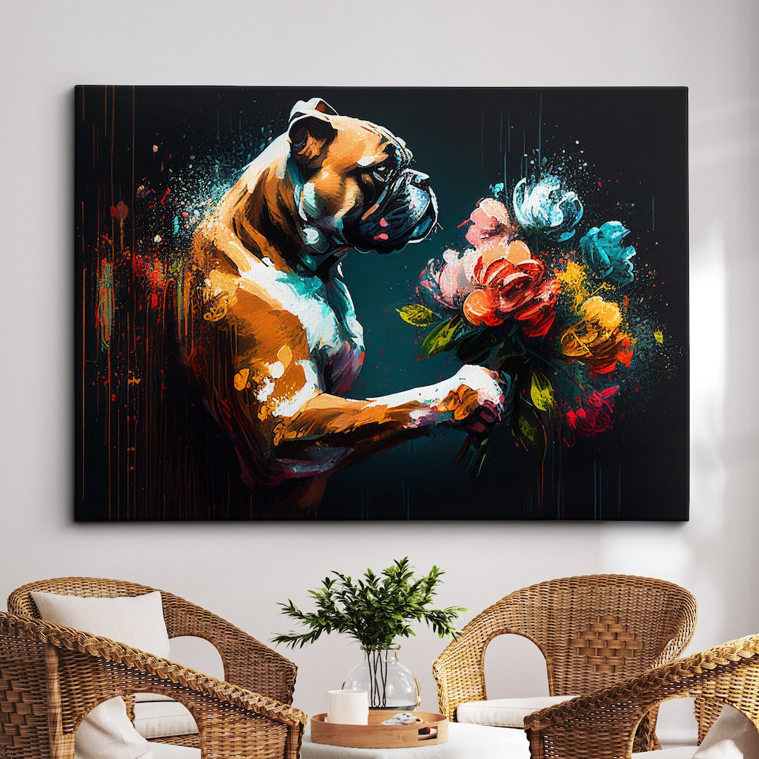 Boxer With Flowers Dog Pet Abstract Modern Oil Painting Wall Art ...