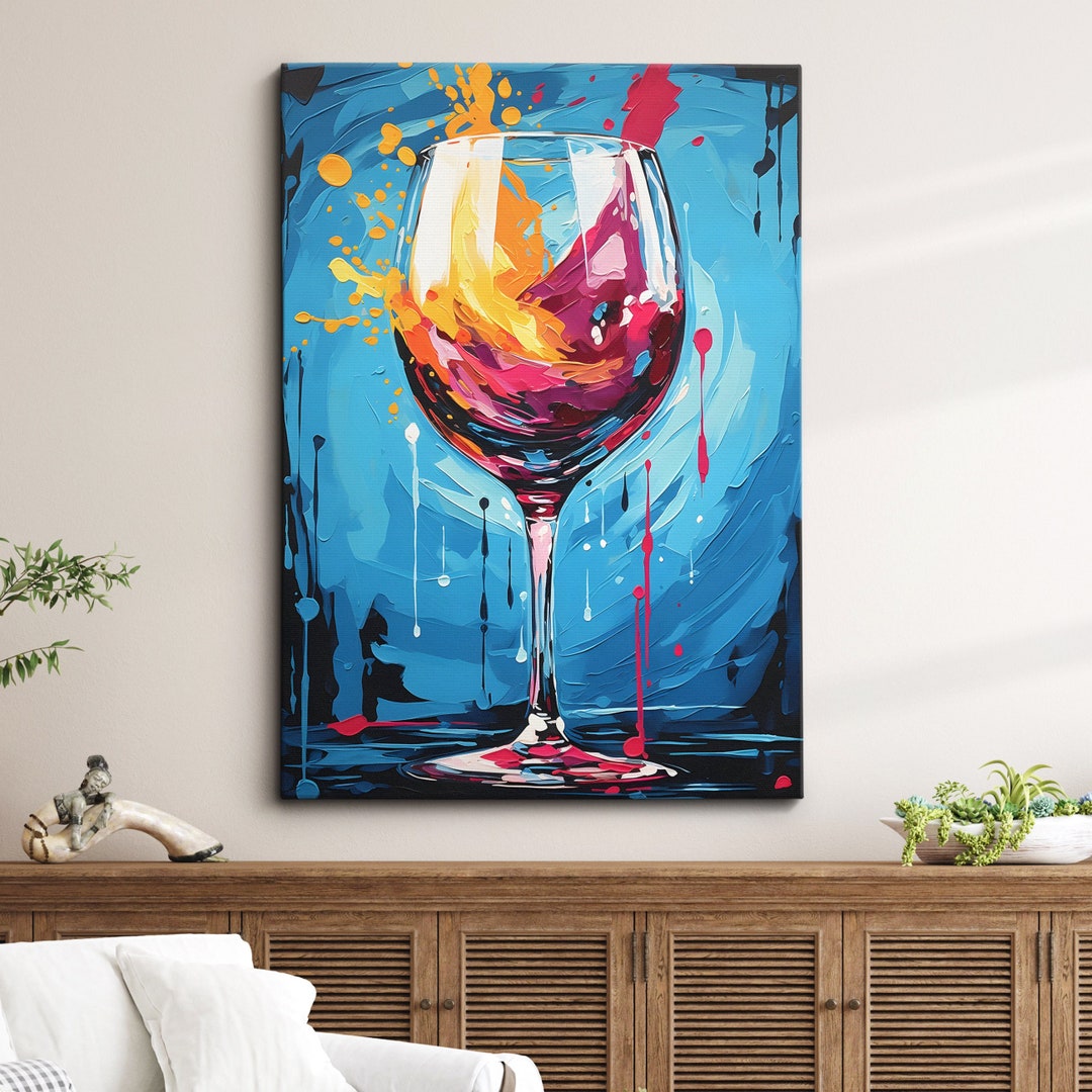 Wine Glass Drink Abstract Oil Painting Dripping Wall Art, Framed Canvas ...