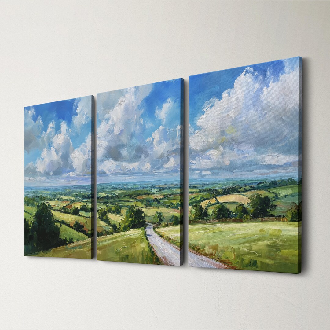 Countryside Landscape 3 Panel Split Canvas Wall Art Rolling Hills Road ...
