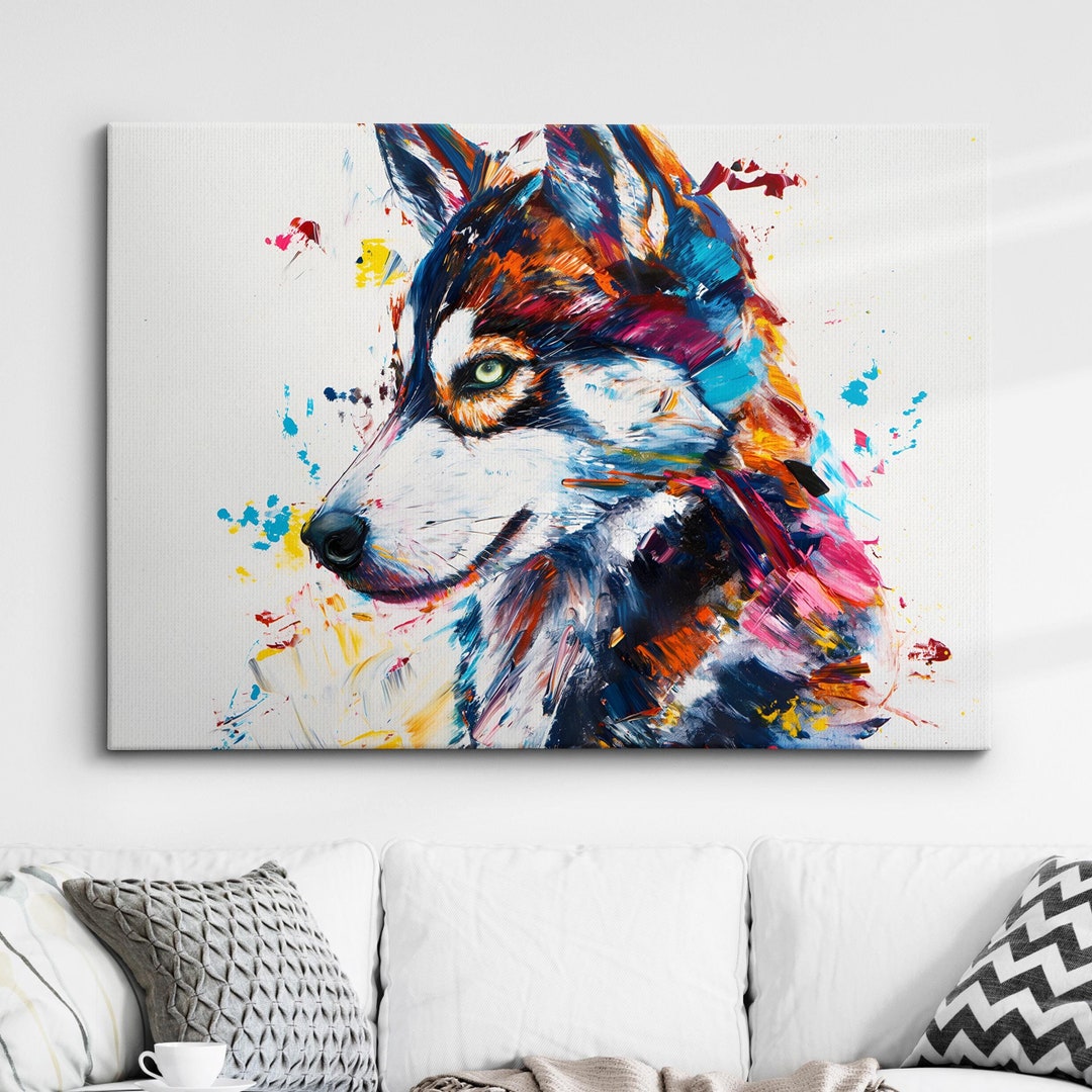 Colorful Siberian Husky Dog Pet Abstract Modern Oil Painting Wall Art ...