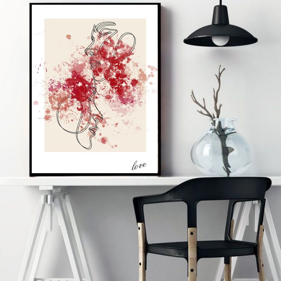 Woman Faces Line Art, Red Line Art, Love Abstract Art, Wall Decor, Red ...