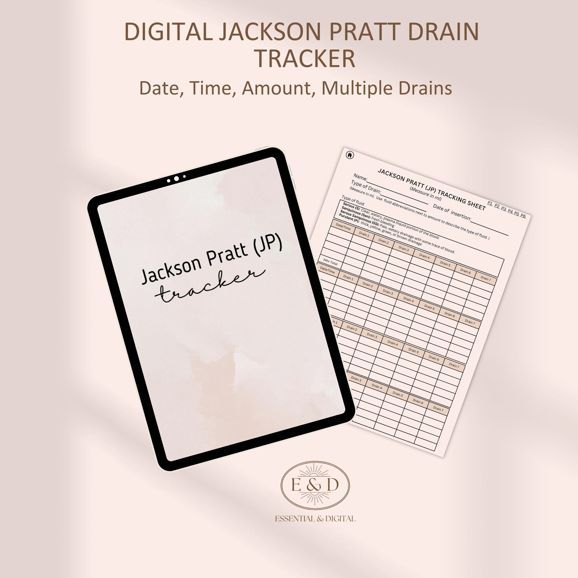 Jackson Pratt Drain Output Tracker, Surgical Drain Record Sheet, Post ...