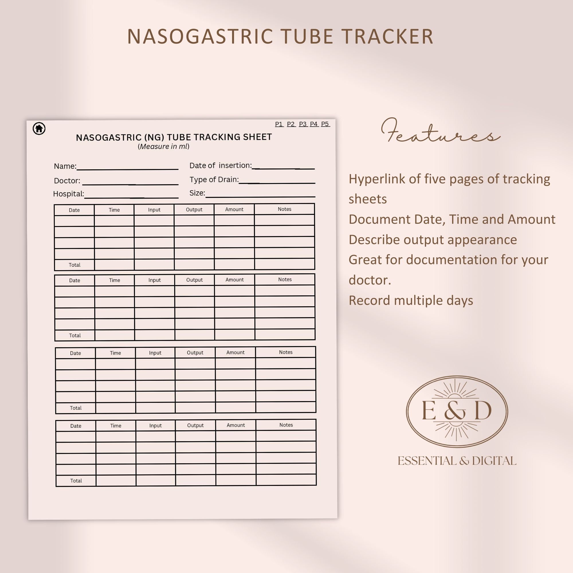 Nasogastric Tube Input/output Tracker, Post Op Record Sheet, Surgical ...