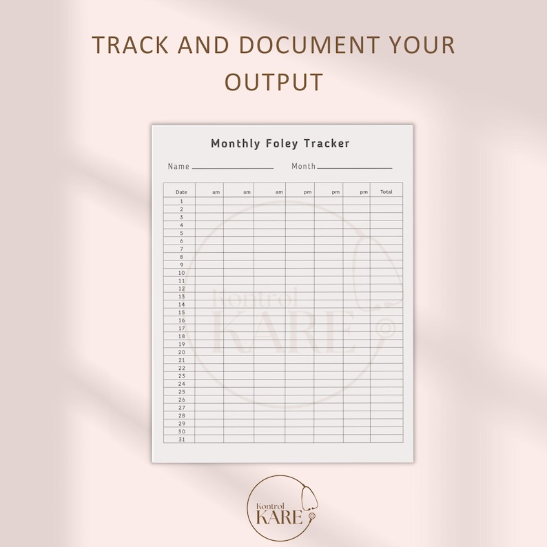 Monthly Foley Catheter Drain Output Tracker, Straight Catheter Output ...