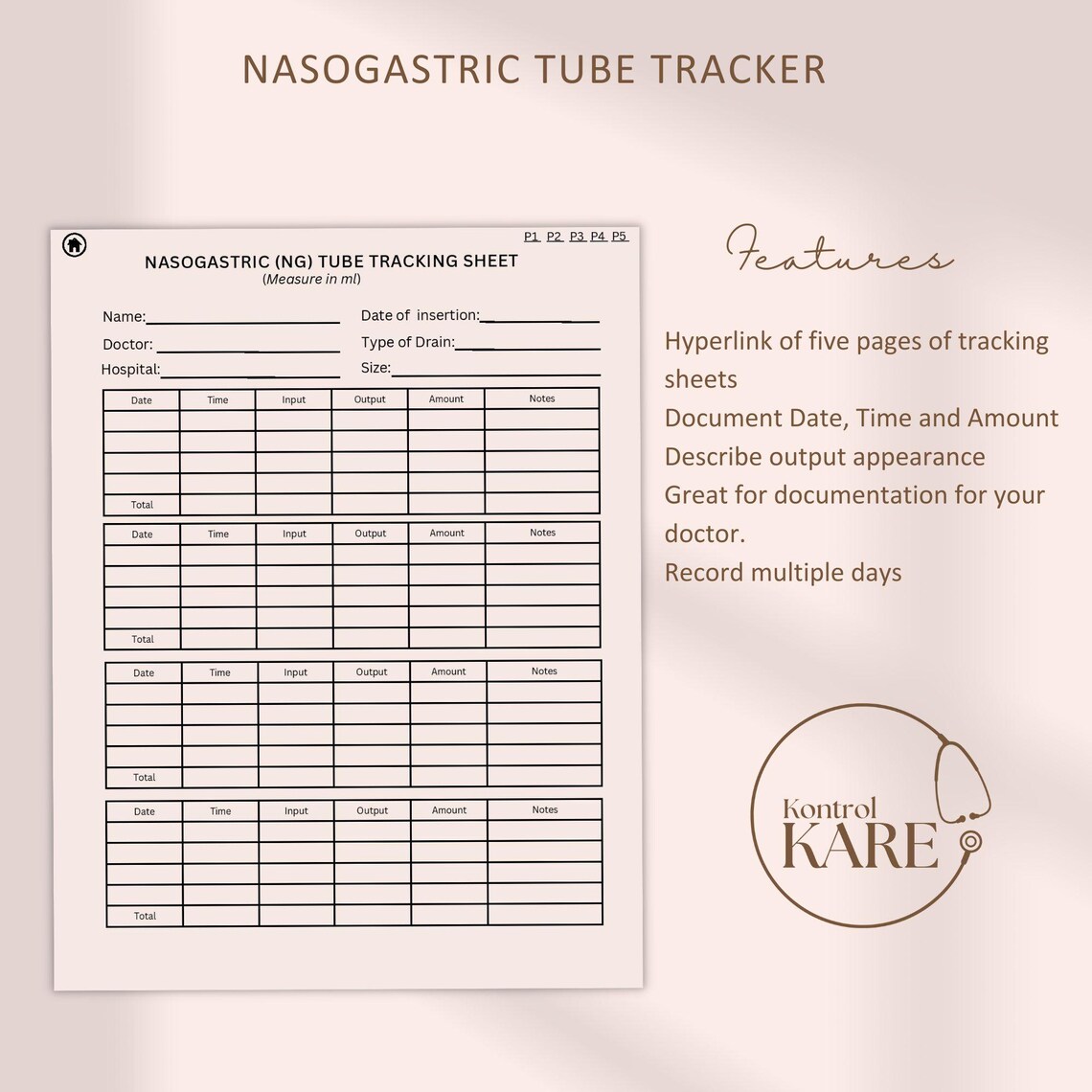 Nasogastric Tube Input/output Tracker, Post Op Record Sheet, Surgical ...