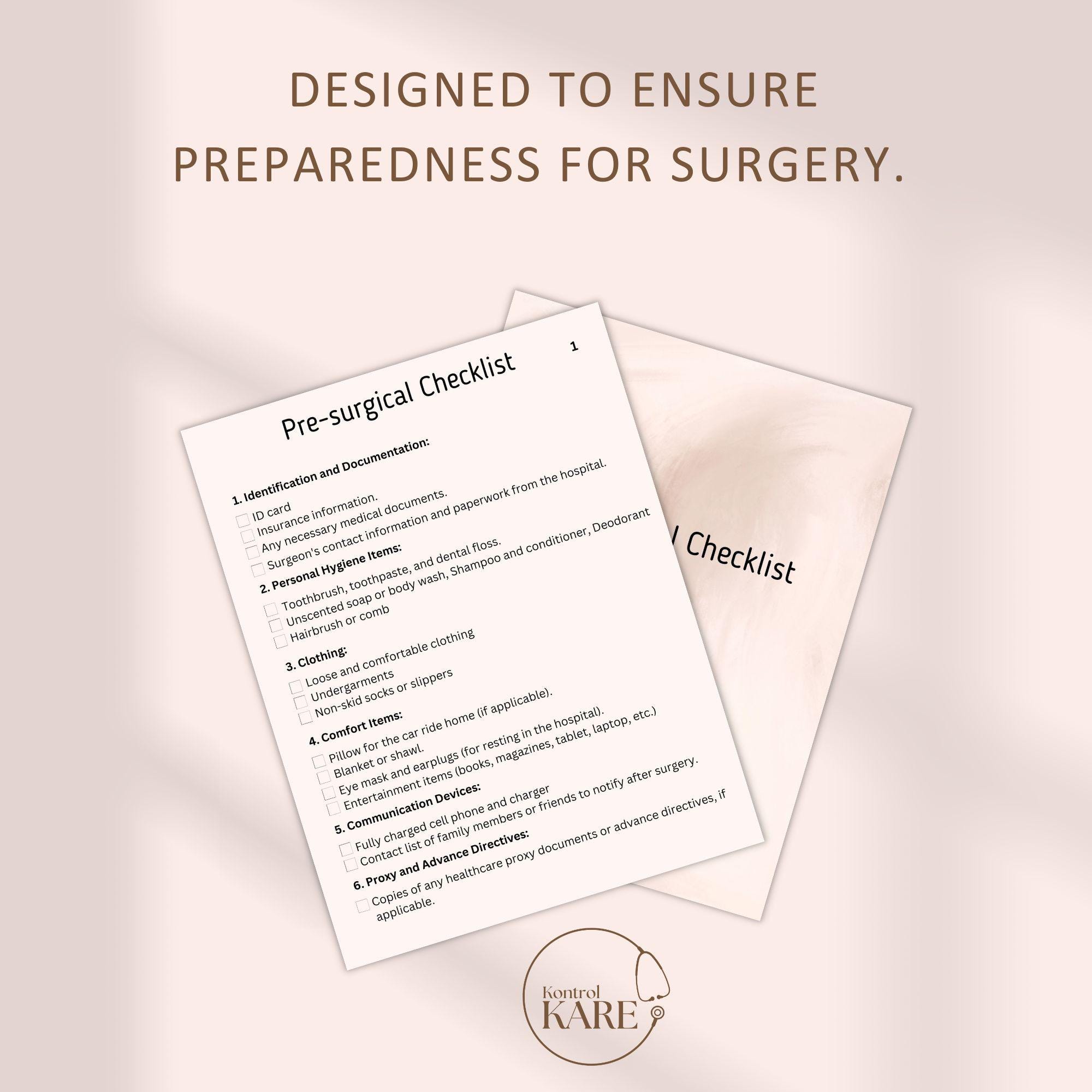 Pre-surgical Checklist, Preoperative Log, Surgical Prep Guide, Patient ...