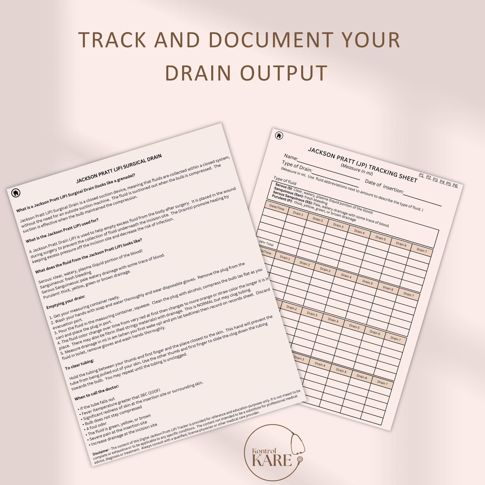 Jackson Pratt Drain Output Tracker, Surgical Drain Record Sheet, Post ...