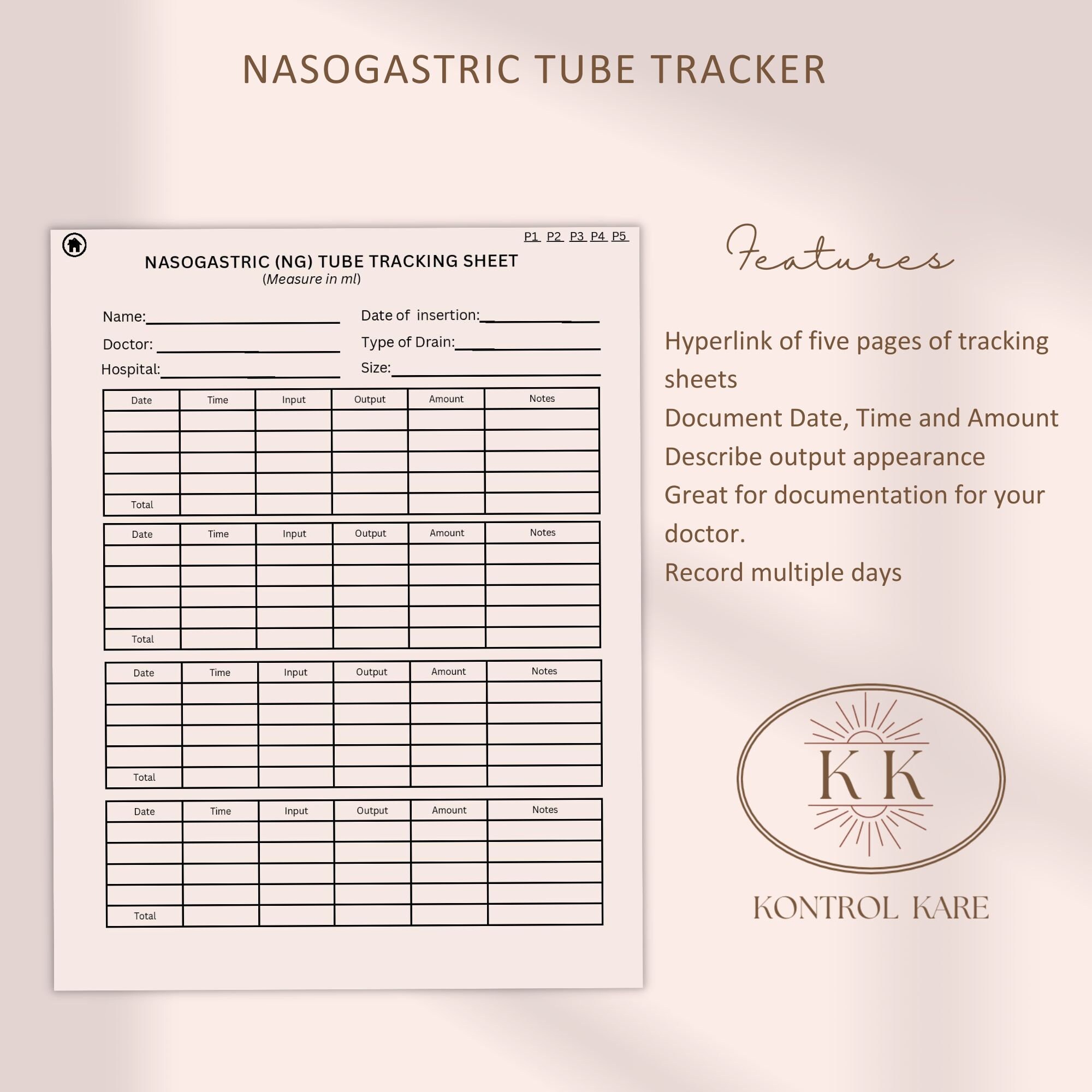 Nasogastric Tube Input/output Tracker, Post Op Record Sheet, Surgical ...