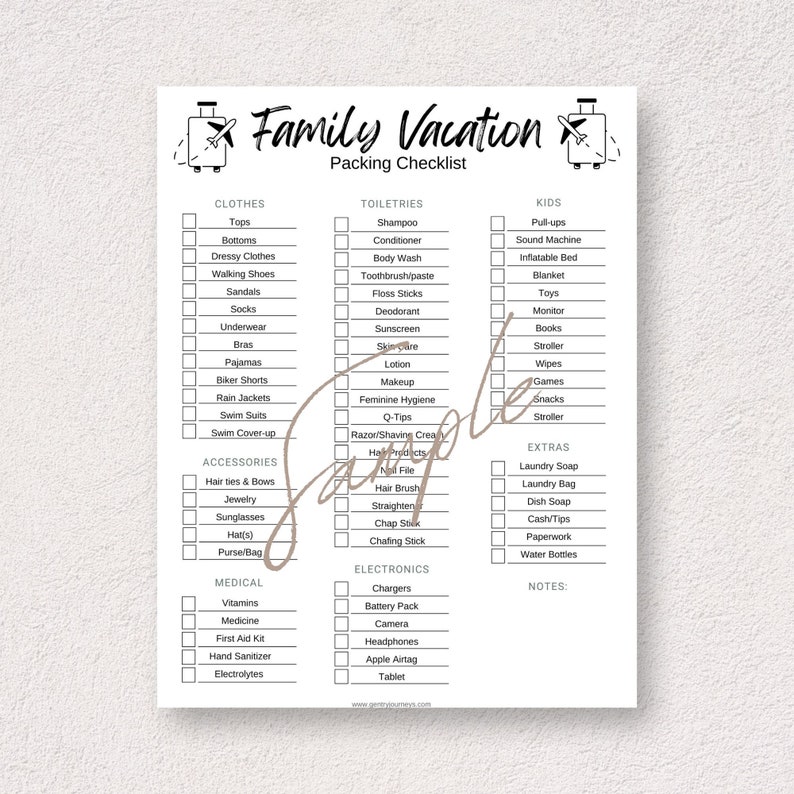 Family Vacation Packing Checklist Printable - Etsy