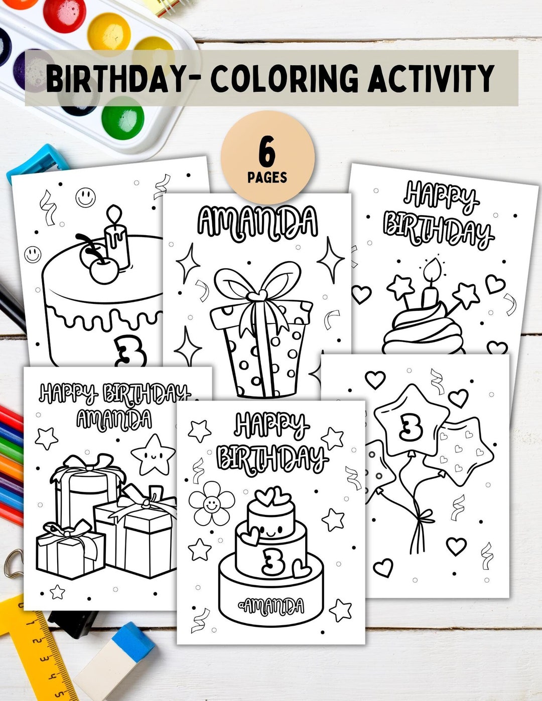 Custom Birthday Coloring Sheets | Set of 6 Birthday Party Coloring ...