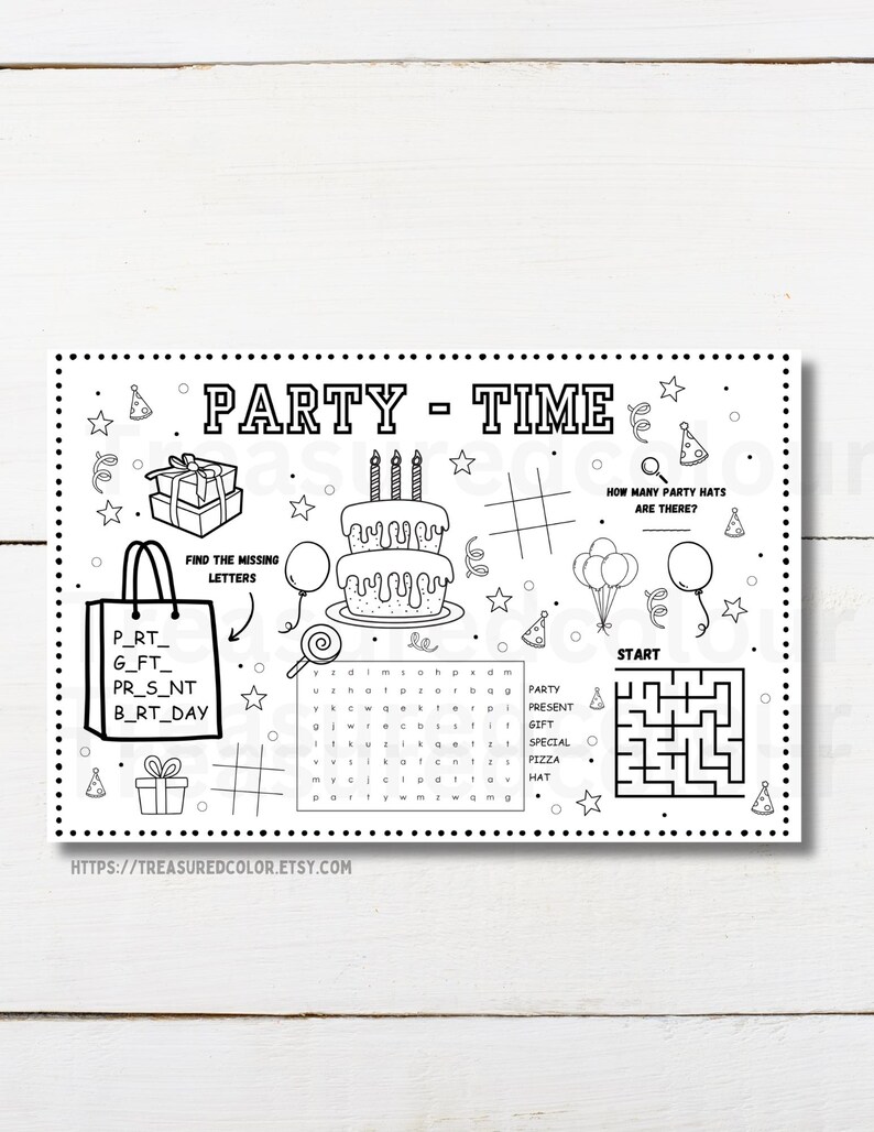 Birthday Placemat Coloring Activity: Kids Party Game (printable Digital ...