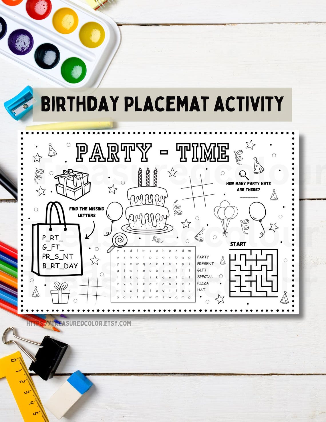 Birthday Placemat Coloring Activity: Kids Party Game (printable Digital ...
