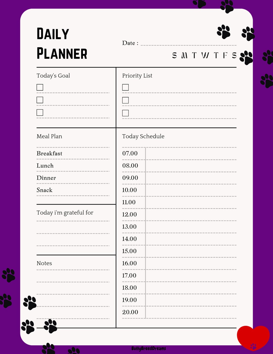 Printable Purple Bully Breed Daily Planner Pages - Etsy