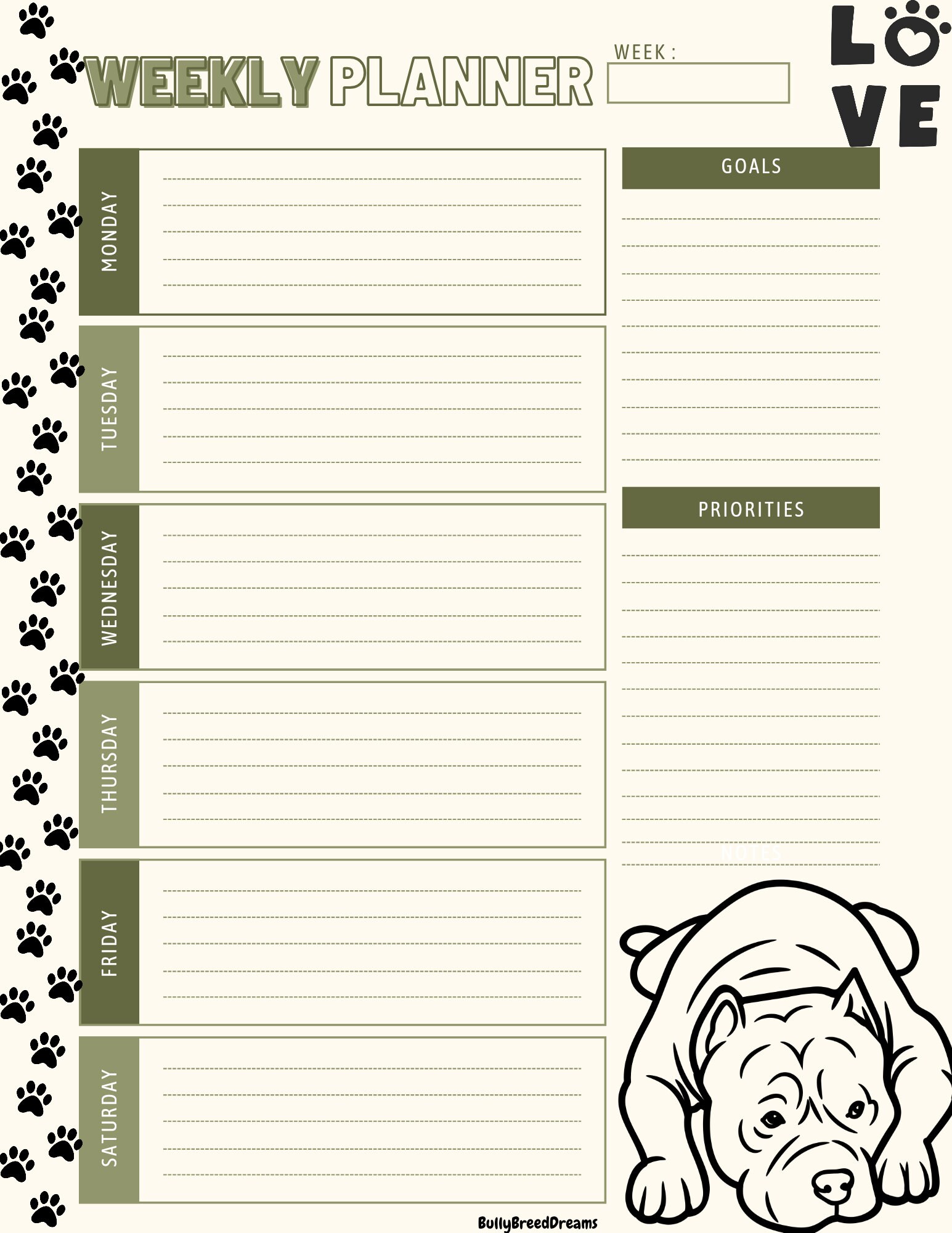 Printable Green Bully Breed Planner Pages - Etsy